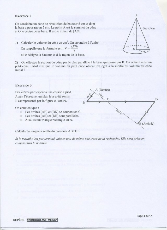 Sujet de brevet de mathématiques et correction : France métropolitaine ...